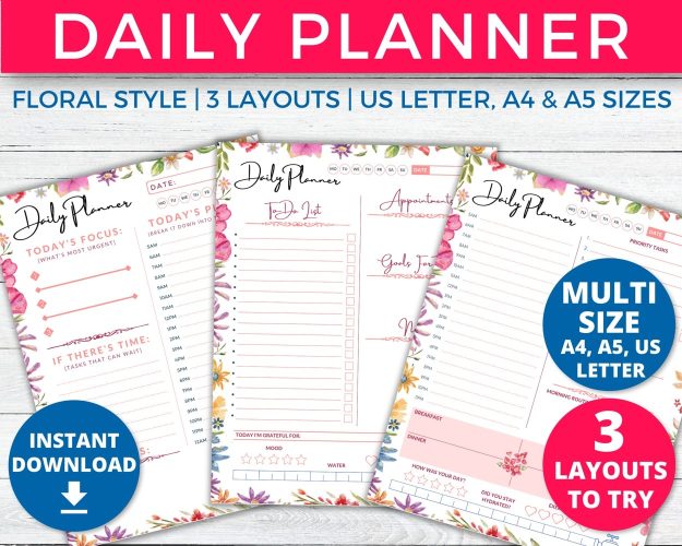 Floral Daily Planner Printable For Productivity (A4 A5 US Letter Sizes ...
