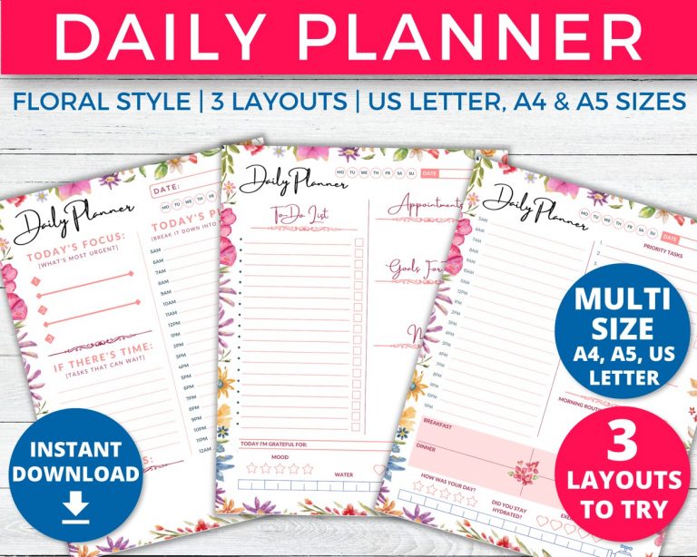 Floral Daily Planner Printable For Productivity (A4 A5 US Letter Sizes ...