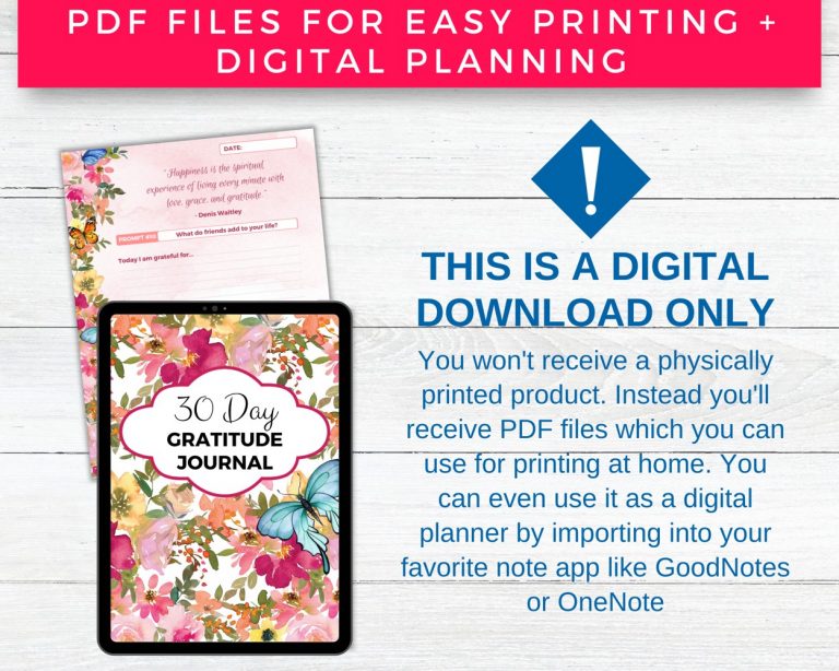 30 Day Daily Gratitude Journal Printable (A4 A5 US Letter Sizes ...